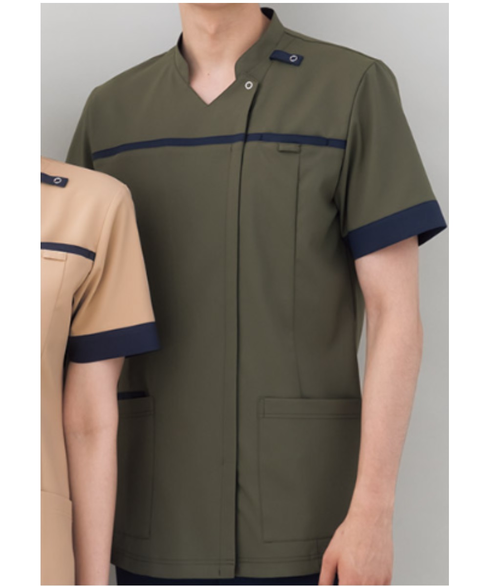 KZN706-49 スクラブジャケット半袖 カーキ×ネイビー | 医療用白衣・スクラブの通販 | 【公式】埼玉ユニホームオンラインショップ